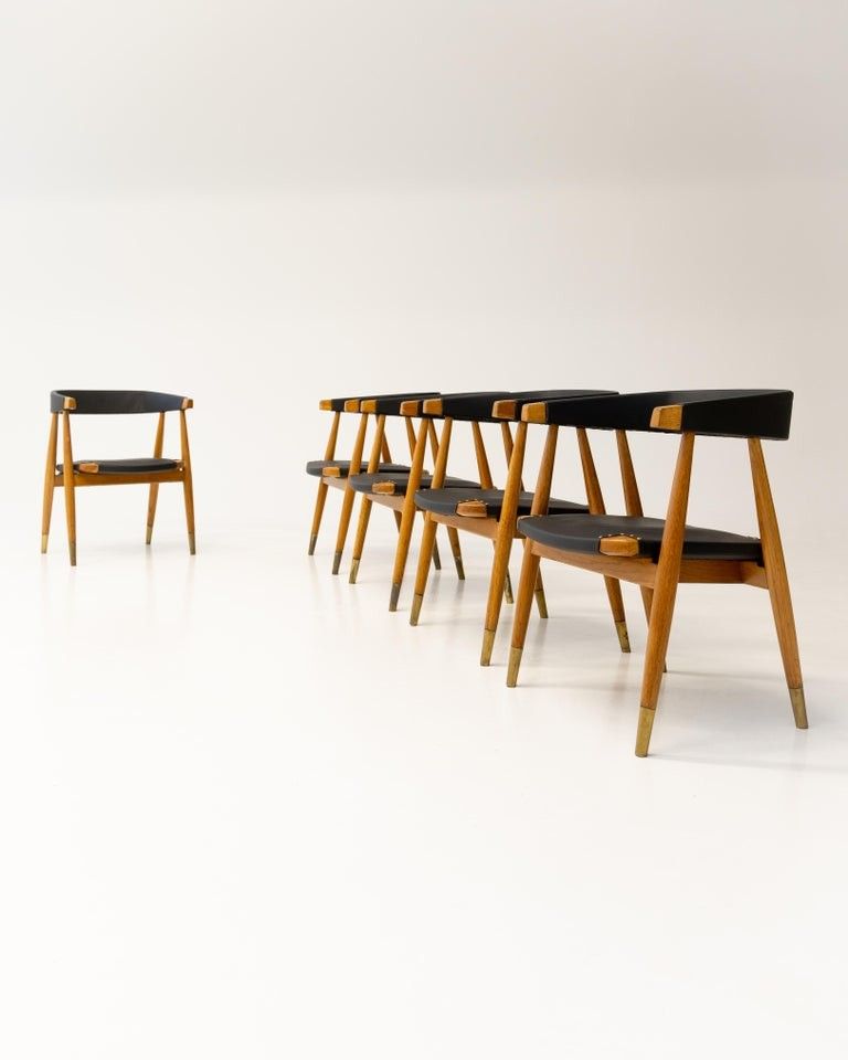 Set of 8 Lasse Ollinkari Dining Chairs in Black Leather, Finland 1950s ...